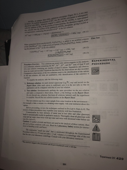 Solved Experiment 39 Qual II. Ni2+, Fe3+ Als+ Zn2+ ions | Chegg.com