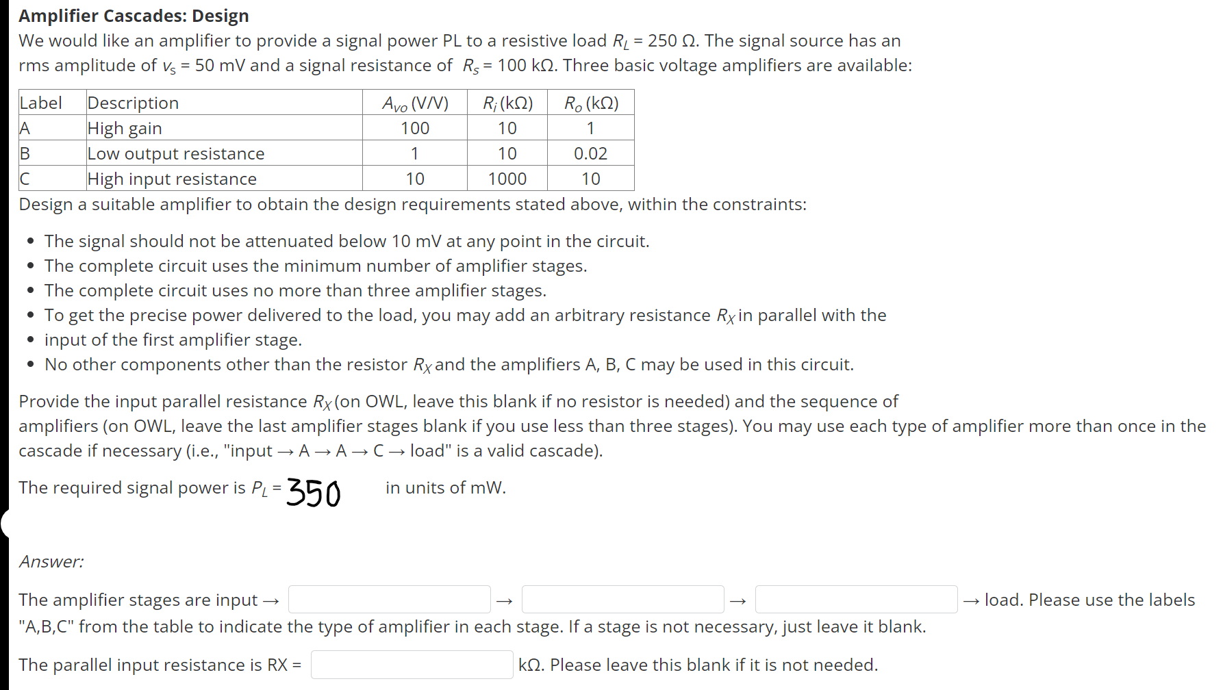 Solved cascade if necessary (i.e., ﻿"input →A→A→C→ ﻿load" is | Chegg.com