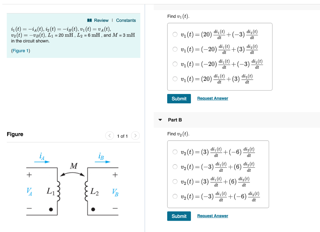 Solved Find v1 (t) Review I Constants (-3)did t) di2(t) | Chegg.com