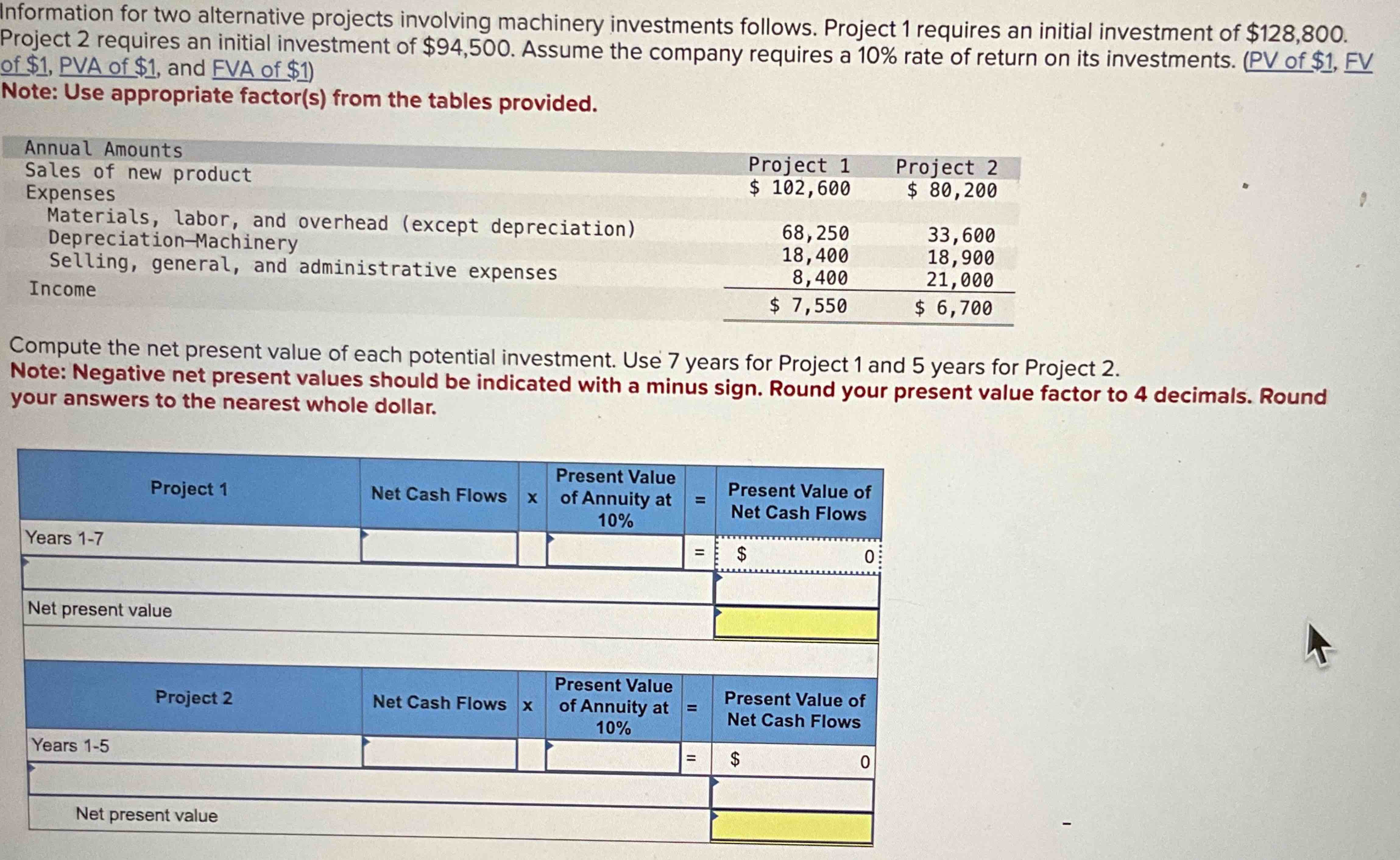 Solved Information for two alternative projects involving | Chegg.com