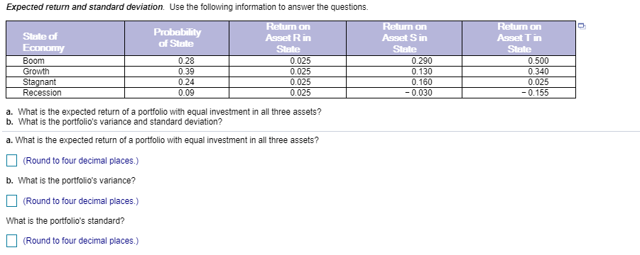 Solved Expected return and standard deviation. Use the | Chegg.com