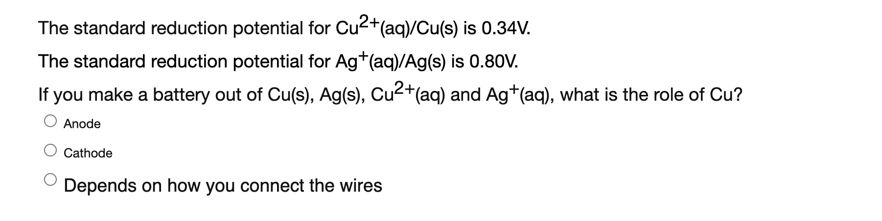 Solved The standard reduction potential for Cu2+(aq)/Cu(s) | Chegg.com
