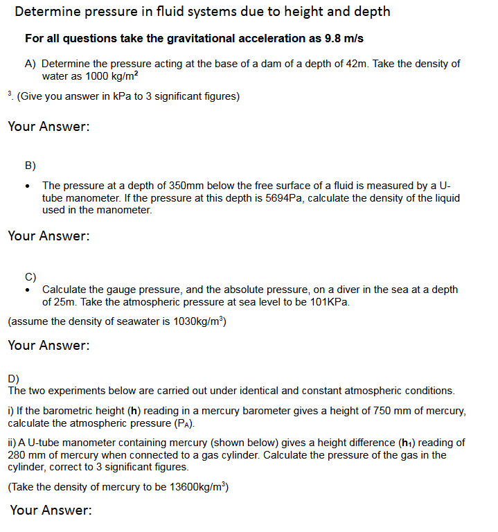 Solved Determine pressure in fluid systems due to height and | Chegg.com