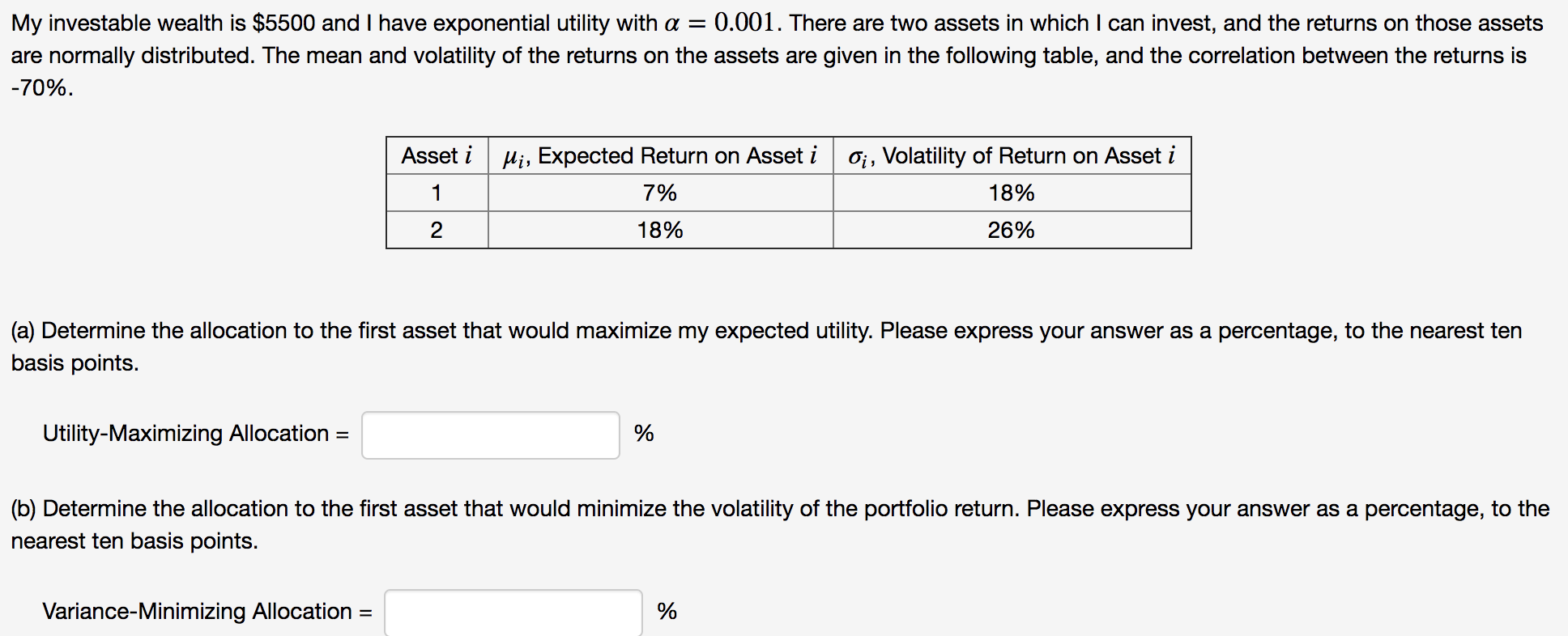 Solved The mean and volatility of the returns on two assets | Chegg.com