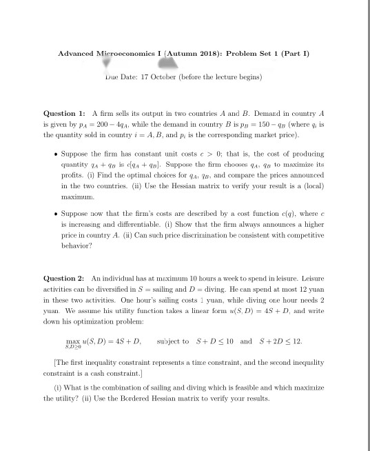 Advanced Microeconomics IAutumn 2018): Problem Set 1 | Chegg.com