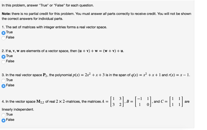 Solved In this problem, answer "True" or "False for each | Chegg.com