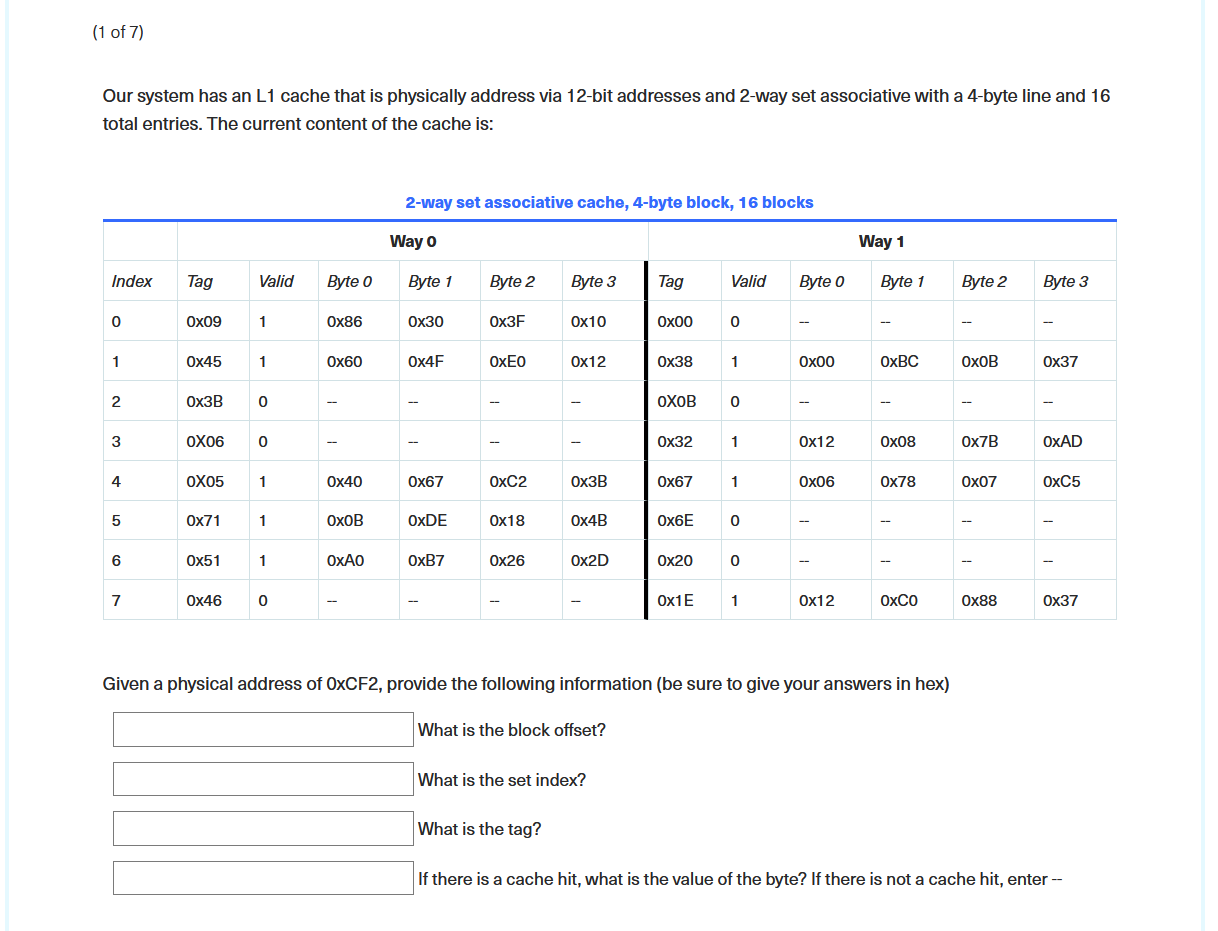 Solved (1 of 7) Our system has an L1 cache that is | Chegg.com