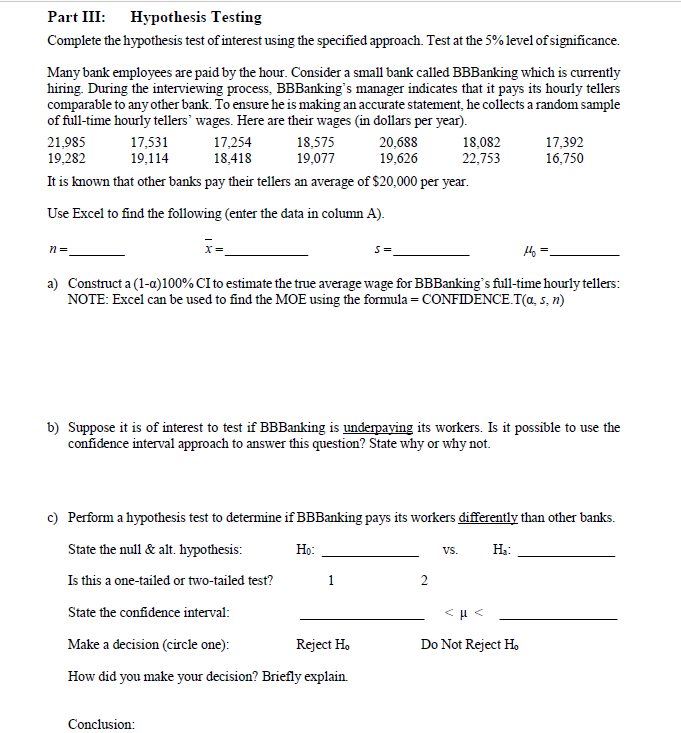Solved Part III: Hypothesis Testing Complete the hypothesis | Chegg.com