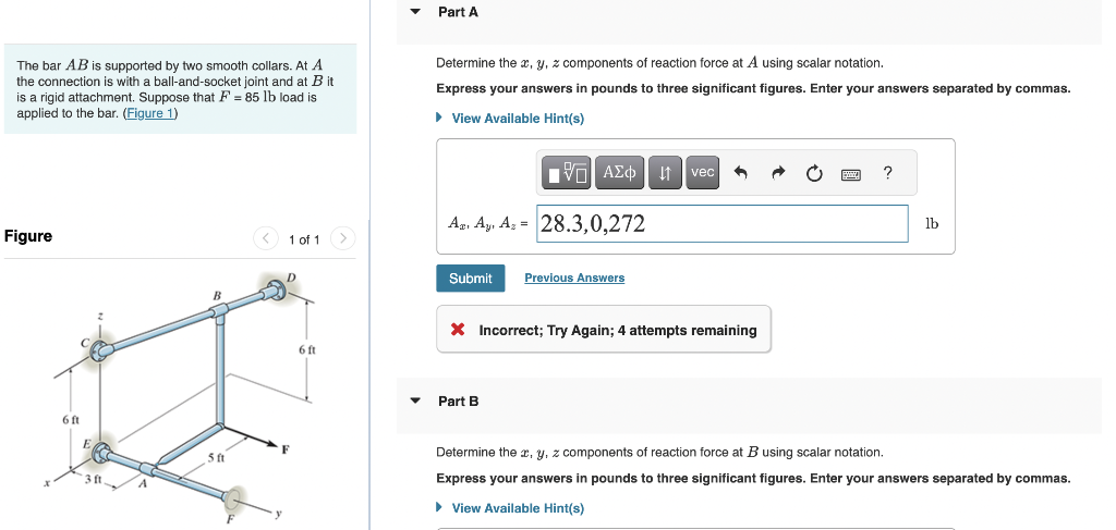 Solved The bar AB is supported by two smooth collars. At A | Chegg.com