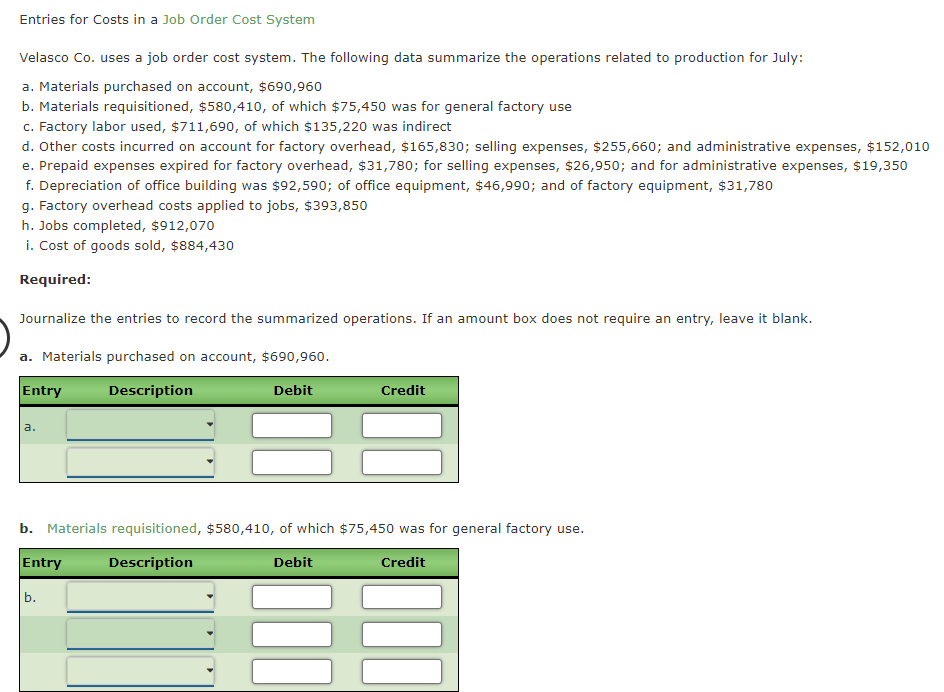 Solved Entries for Costs in a Job Order Cost System Velasco | Chegg.com