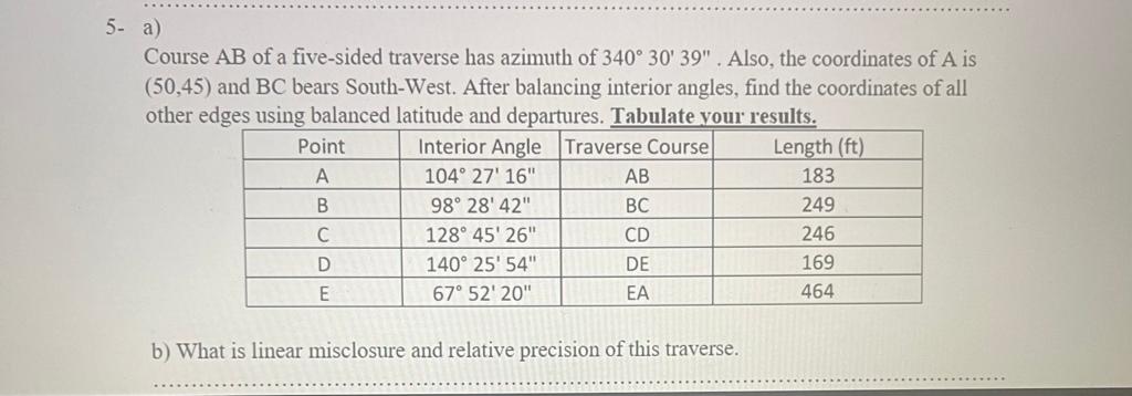 Solved 5- ﻿a)Course AB ﻿of a five-sided traverse has azimuth | Chegg.com