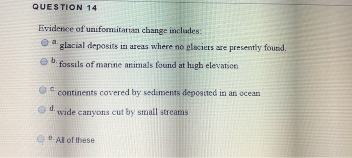Solved QUESTION 14 Evidence of uniformitarian change | Chegg.com