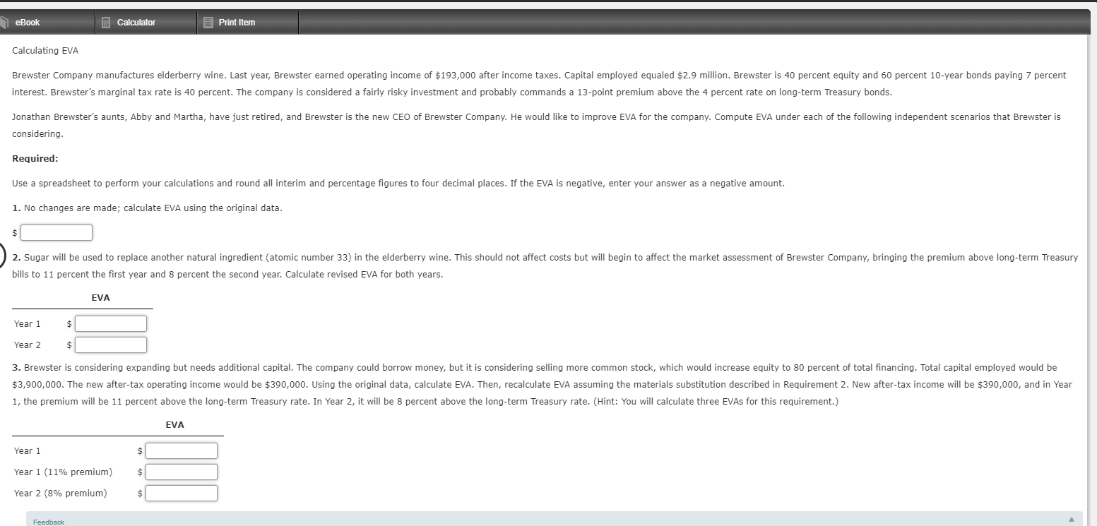 Solved eBook Calculator Print Item Calculating EVA Brewster | Chegg.com