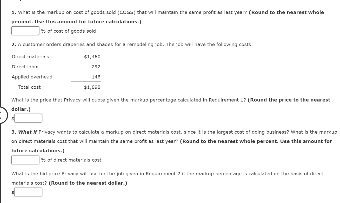 Solved Markup on Cost, Job Pricing Privacy Window and Wall | Chegg.com