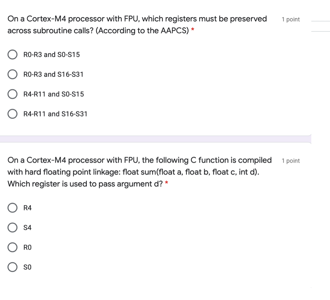 Solved 1 point On a Cortex-M4 processor with FPU, which | Chegg.com
