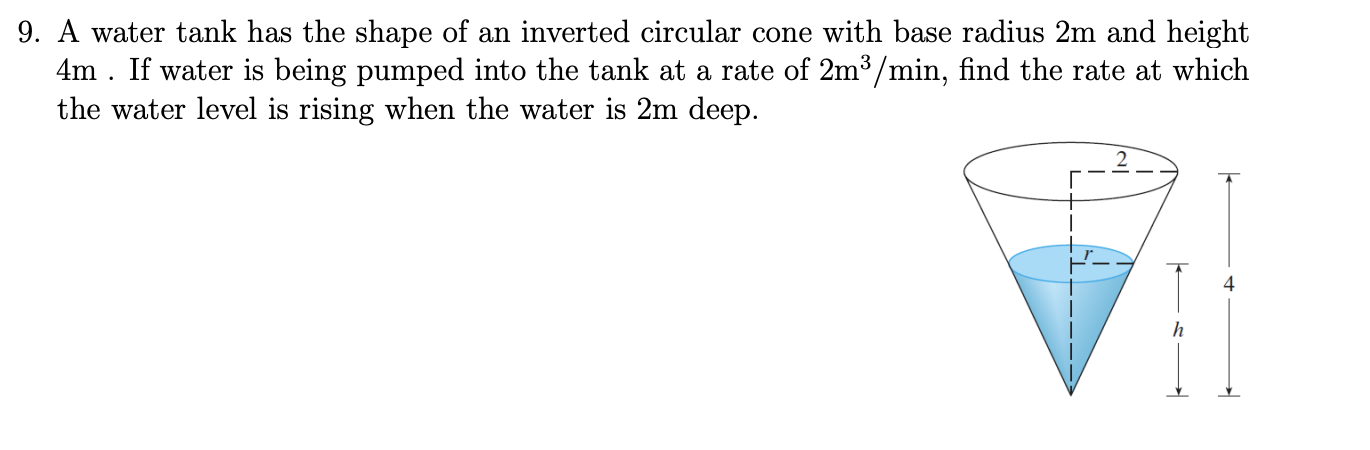 Solved 9. A water tank has the shape of an inverted circular | Chegg.com