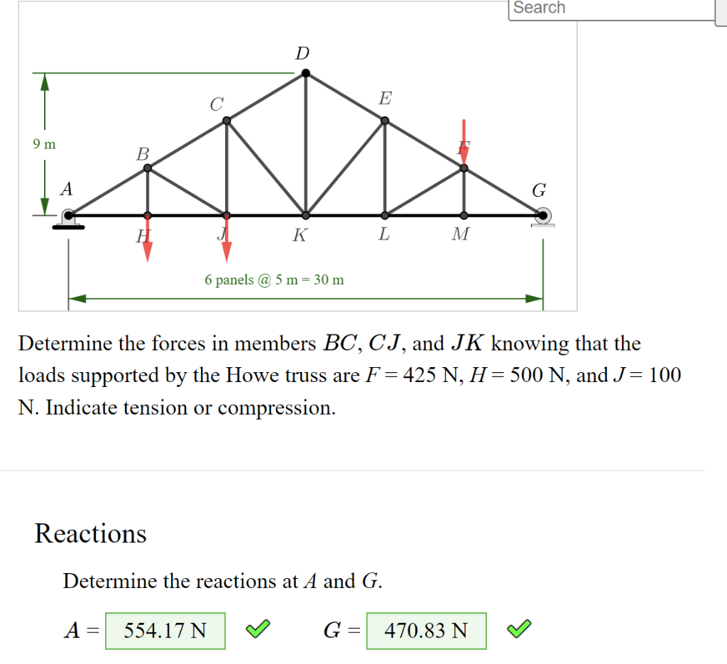 Solved Determine the forces in members BC,CJ, and JK knowing | Chegg.com