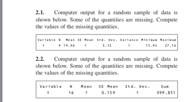 Solved Computer output for random values. Compute the values | Chegg.com