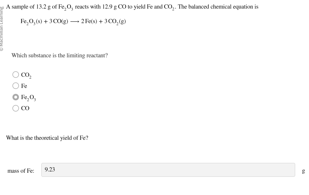Solved A sample of 13.2 g of Fe2O3 reacts with 12.9 gCO to | Chegg.com