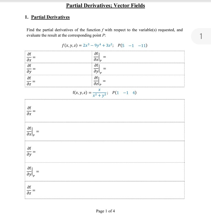 Partial Derivatives; Vector Fields 1. Partial | Chegg.com