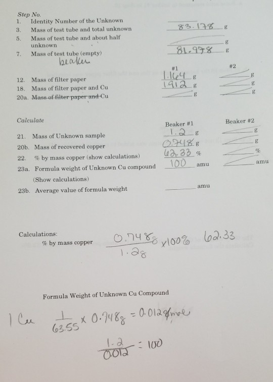 Solved Step No. 1. Identity Number of the Unknown 3. Mass of | Chegg.com