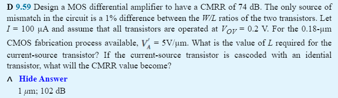 Solved D 9.59 Design a MOS differential amplifier to have a | Chegg.com