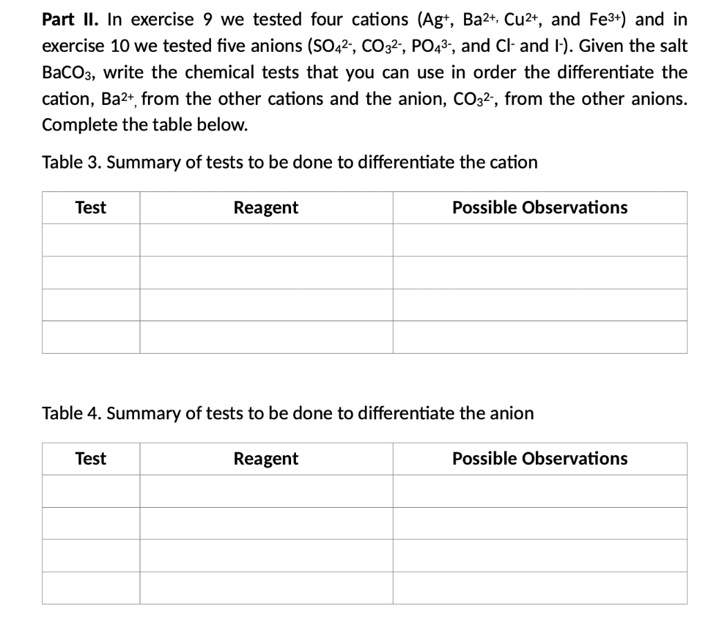 Solved Part II. In exercise 9 we tested four cations (Agt, | Chegg.com