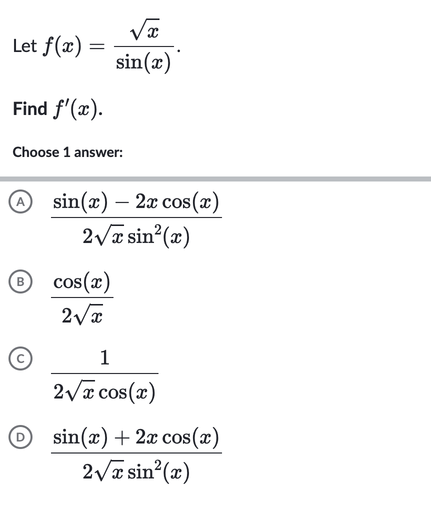 Solved Let f(x)=x2sin(x).Find f'(x).Choose 1 | Chegg.com