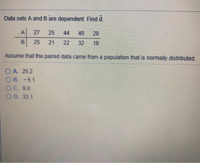Solved Data sets A and B are dependent. Find d Al 27 25 44 | Chegg.com