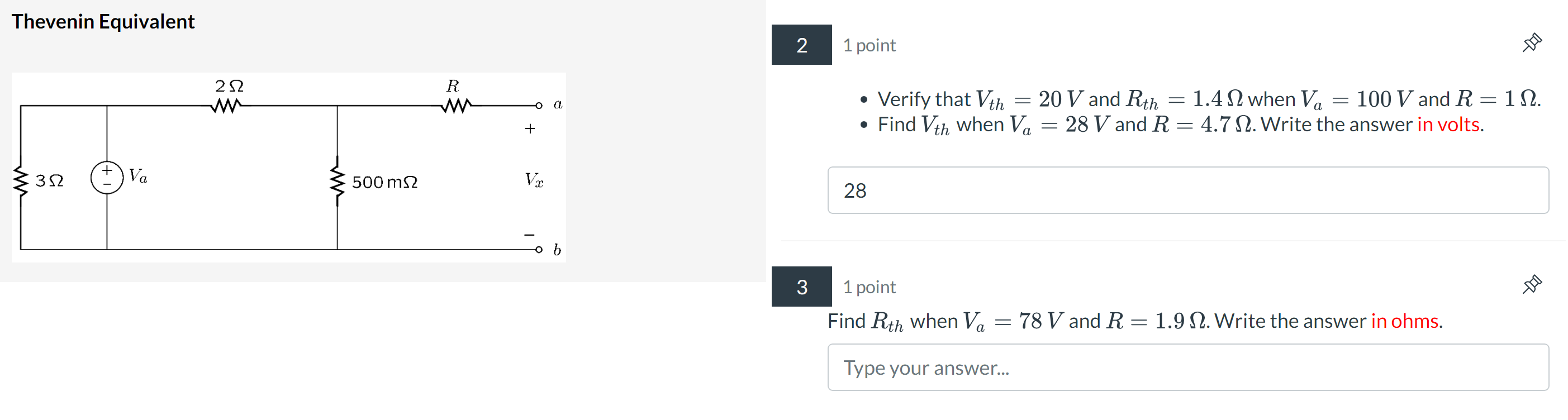Solved Thevenin Equivalent 2 1 point - Verify that Vth=20 V | Chegg.com