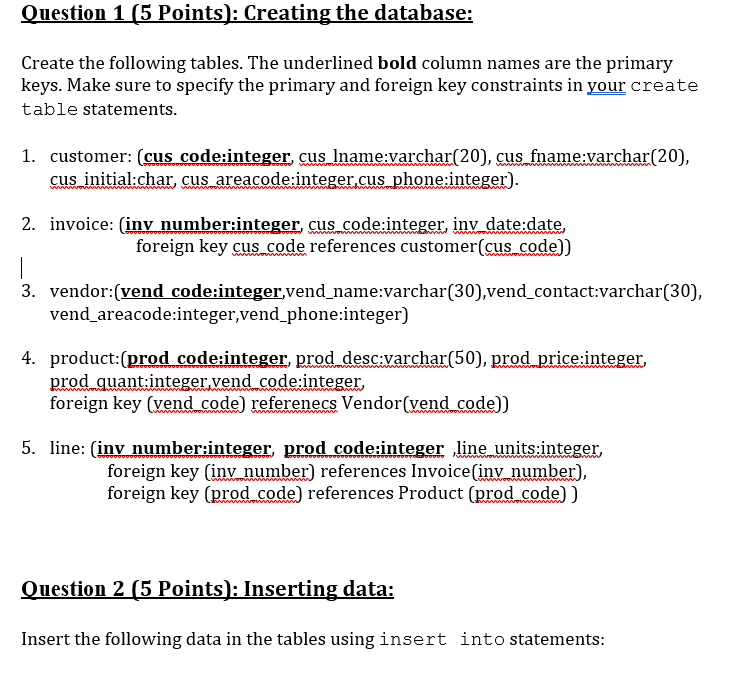 Solved Question 1 (5 Points : Creating the database: Create | Chegg.com