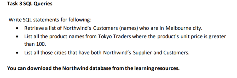 Task 3 SQL Queries Write SQL statements for | Chegg.com
