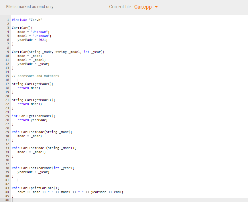Solved In C++ please. Given a Car class (defined in "Car.h" | Chegg.com