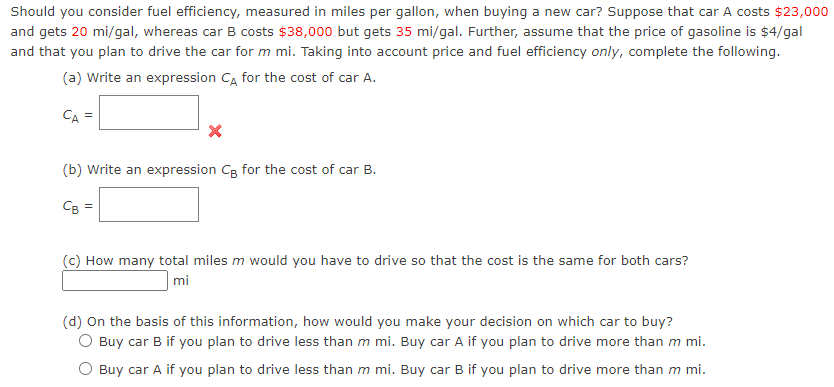 Solved Should you consider fuel efficiency, measured in | Chegg.com