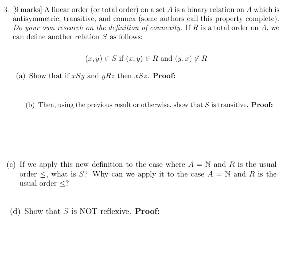 Solved 3. [9 marks) A linear order (or total order) on a set | Chegg.com