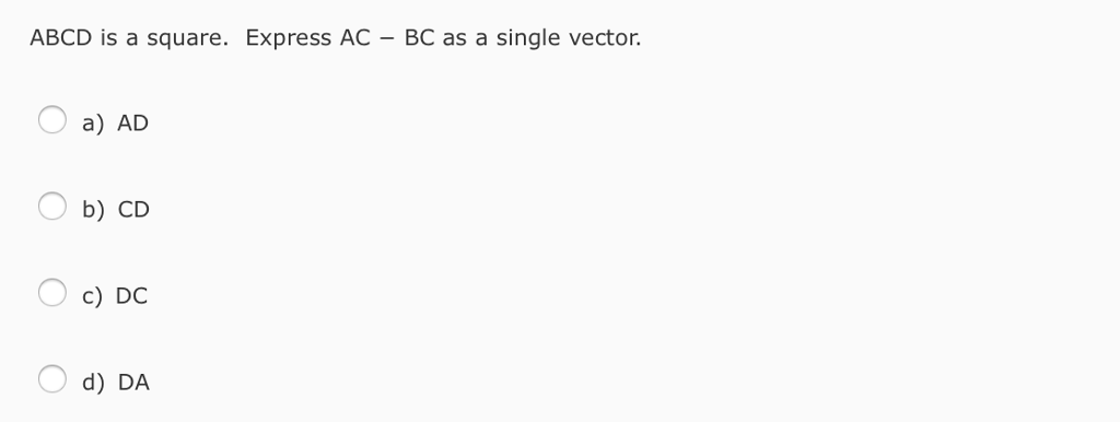 Solved ABCD is a square. Express AC - BC as a single vector. | Chegg.com