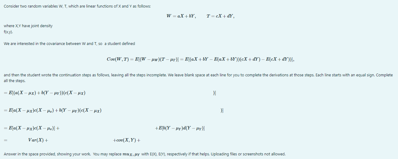 Solved Consider two random variables W,T, which are linear | Chegg.com