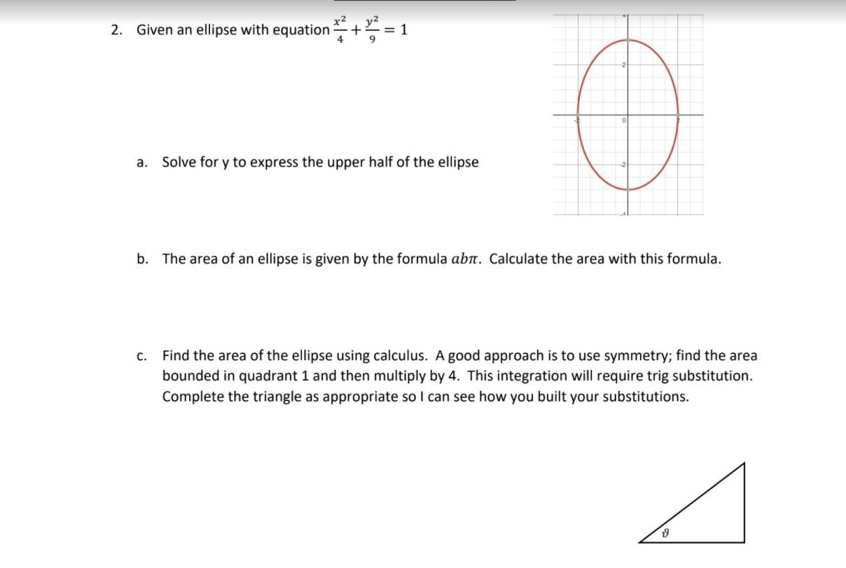 Solved 2. Given an ellipse with equation *+ = 1 O a. Solve | Chegg.com