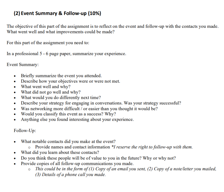 Solved (2) Event Summary & Follow-up (10%) The objective of | Chegg.com