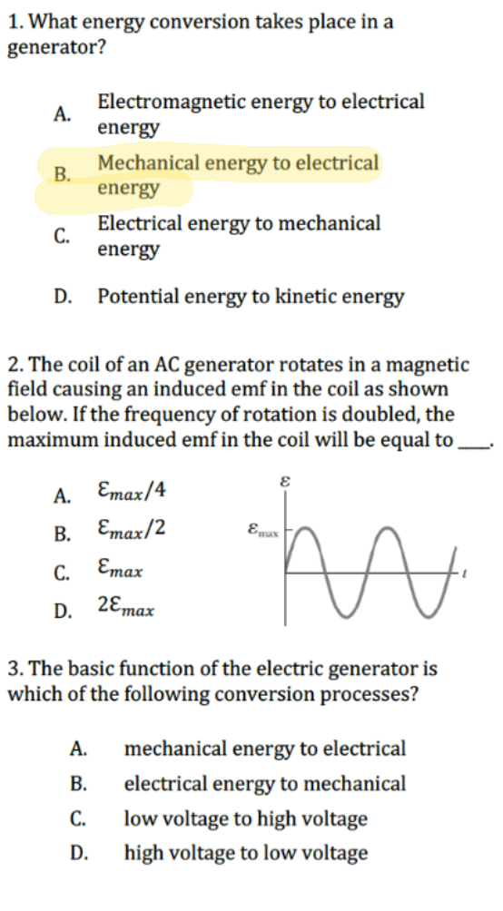 Solved 1. What energy conversion takes place in a generator? | Chegg.com