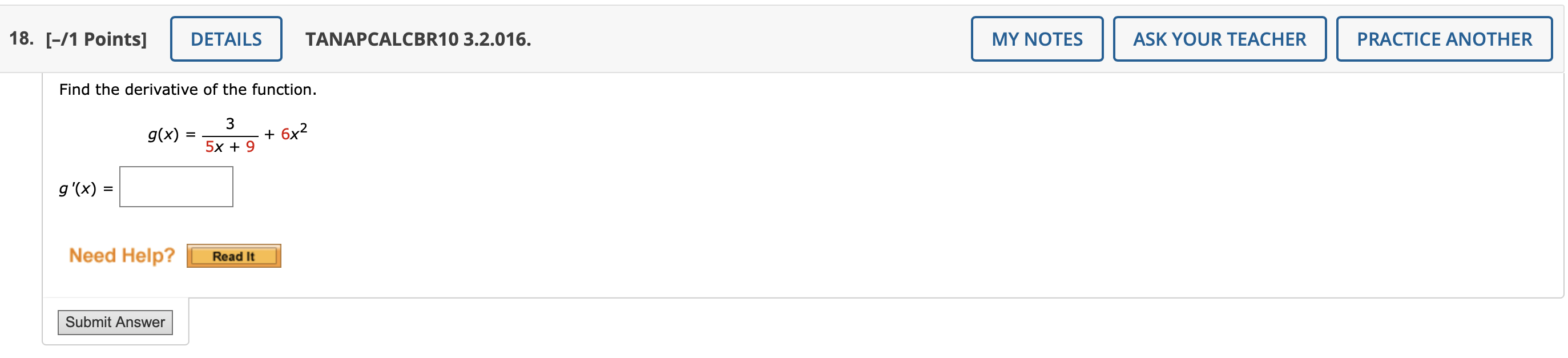 Solved Find the derivative of the function. g(x)=5x+93+6x2 | Chegg.com