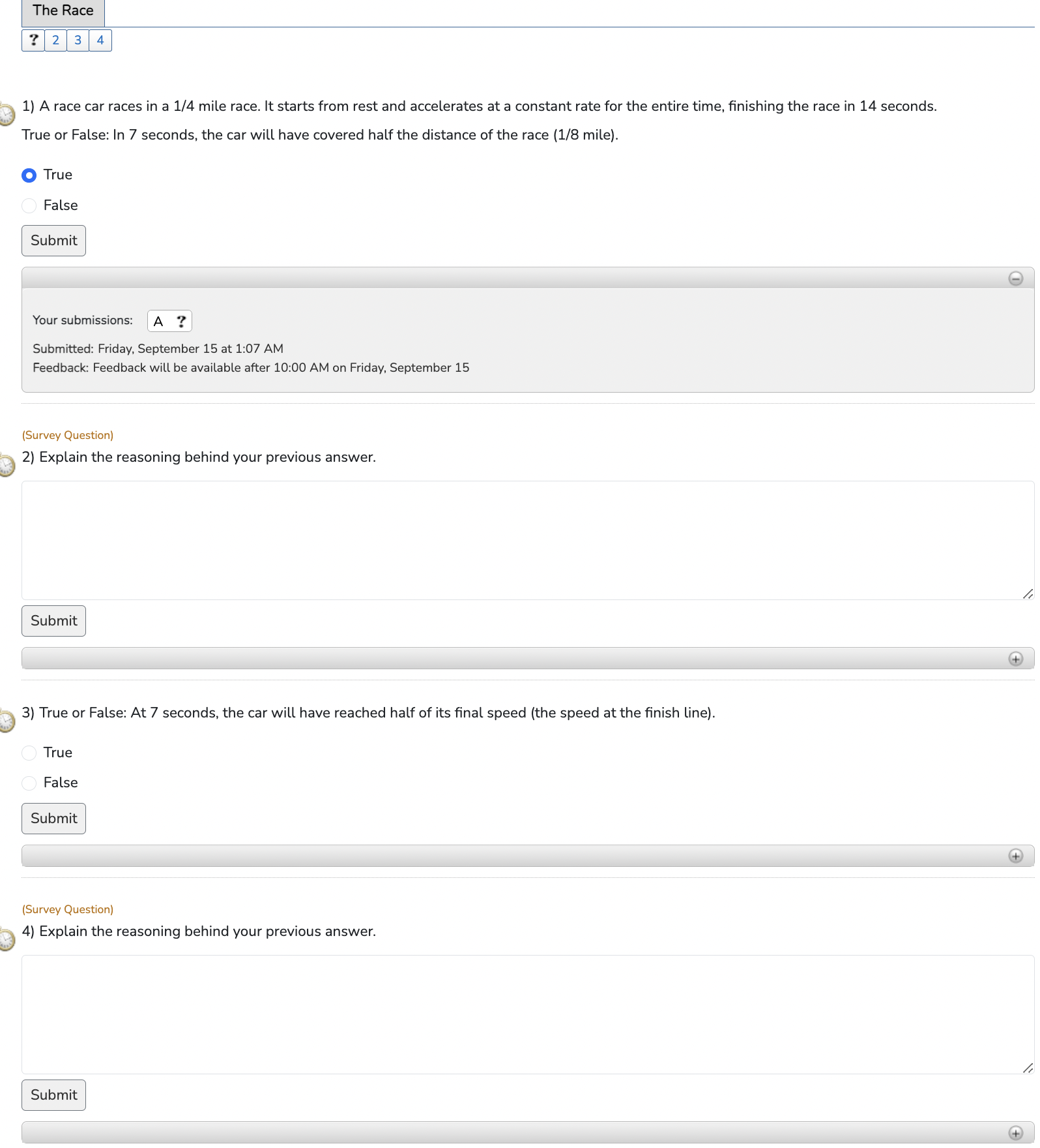 Solved 1) A race car races in a 1/4 mile race. It starts | Chegg.com