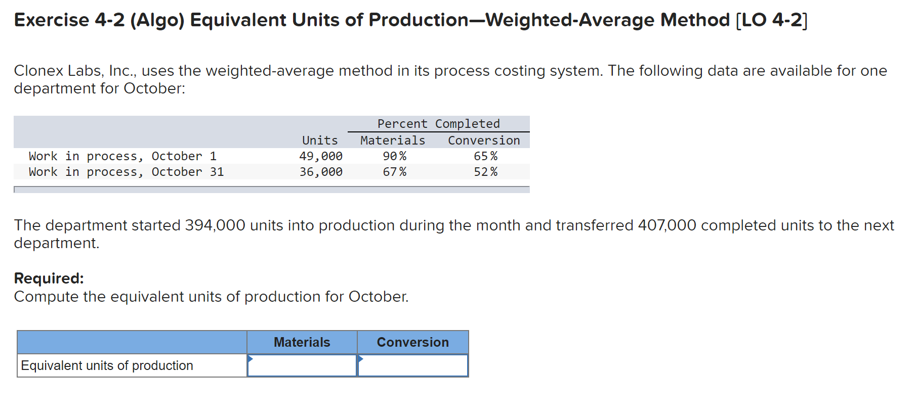 Solved Exercise 4-2 (Algo) Equivalent Units of | Chegg.com