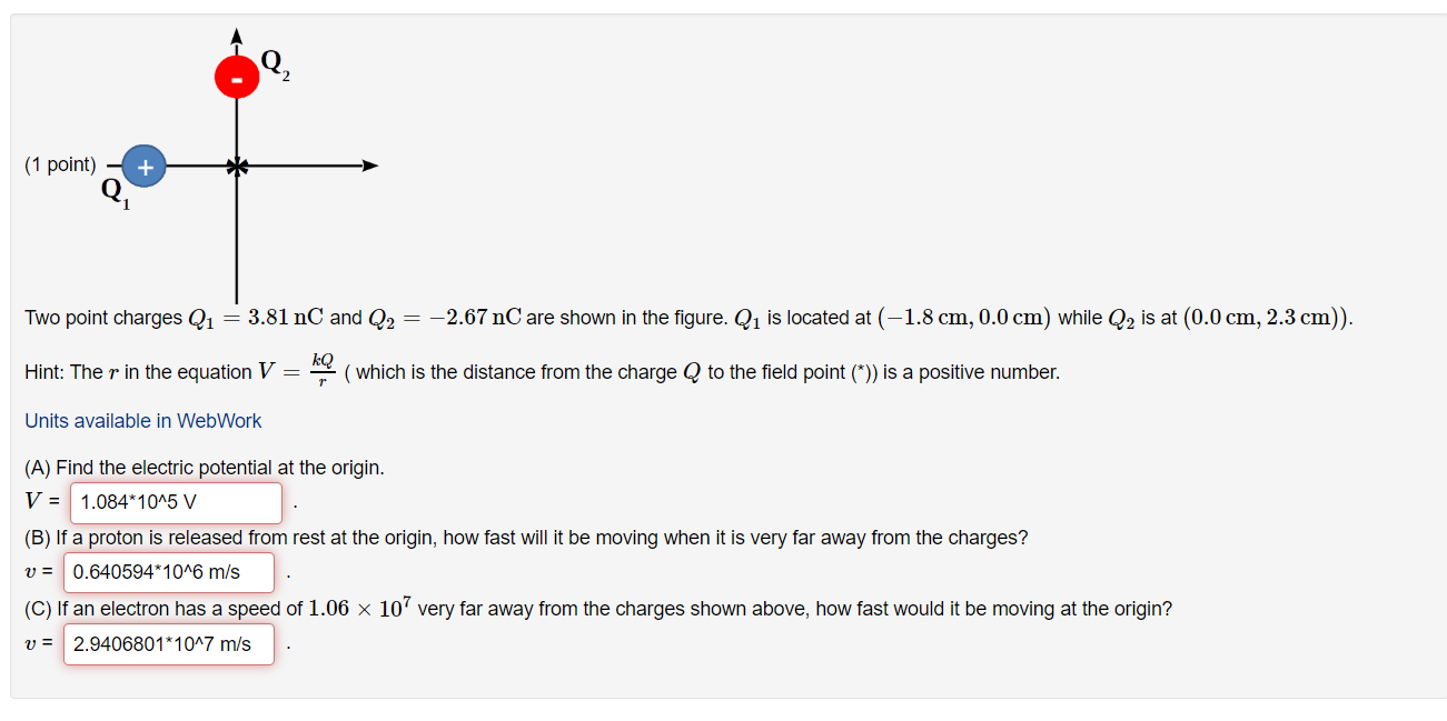 Solved (1 point) – + Two point charges Q1 = 3.81 nC and Q2 = | Chegg.com