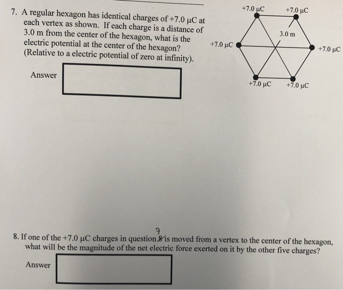 Solved +7.0 uC 7.0 HC 7. A regular hexagon has identical | Chegg.com