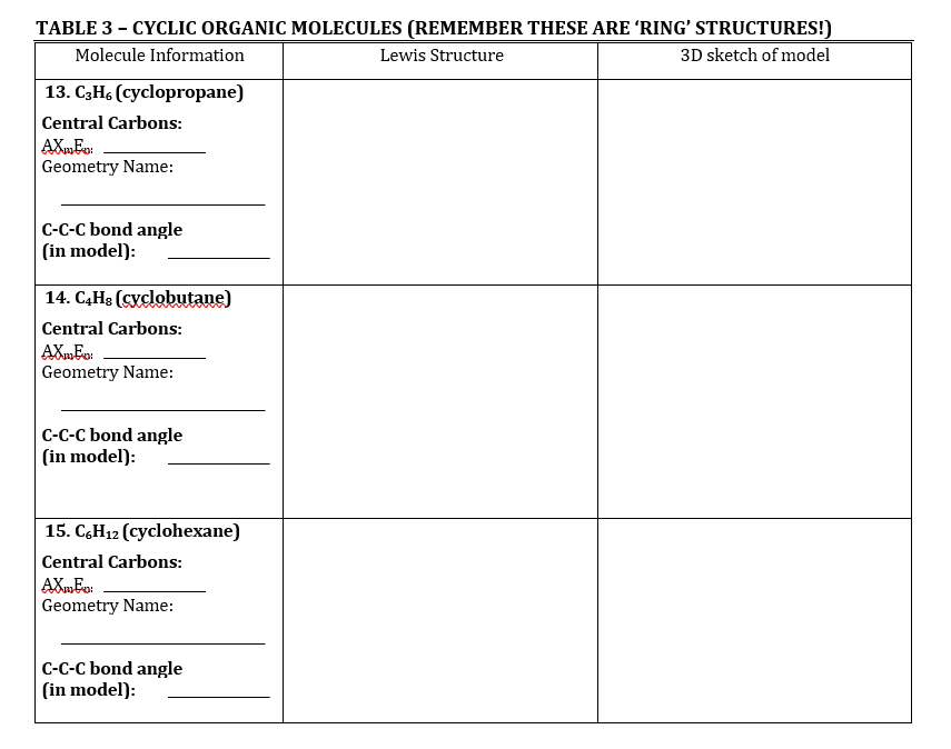 Solved Table 3 – CYCLIC Organic Molecules (remember these | Chegg.com