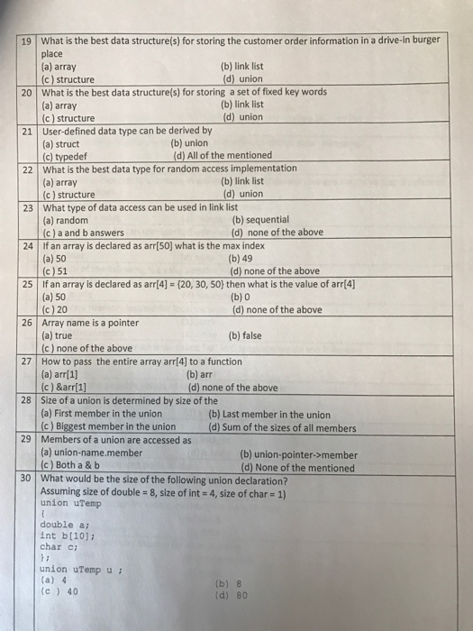 Solved 19 What is the best data structure(s) for storing the | Chegg.com