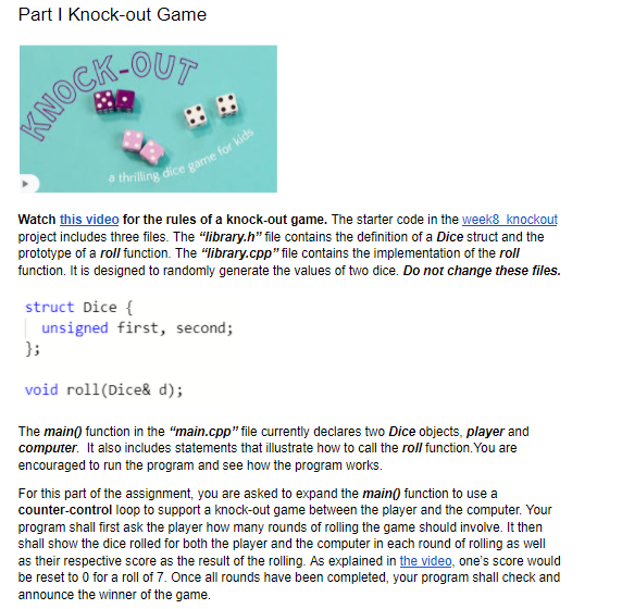 Solved Part I Knock-out Game KNOCK-OUT a thrilling dice game | Chegg.com