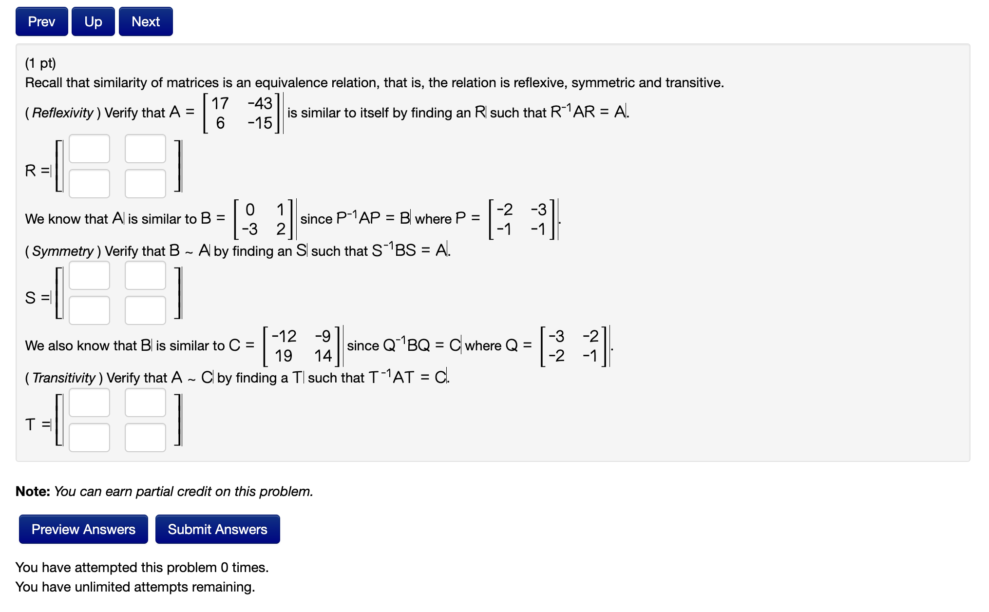 Solved Recall that similarity of matrices is an equivalence | Chegg.com