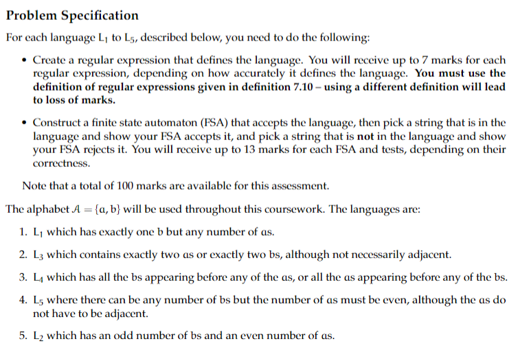 Solved Problem SpecificationFor each language L1 ﻿to L5, | Chegg.com